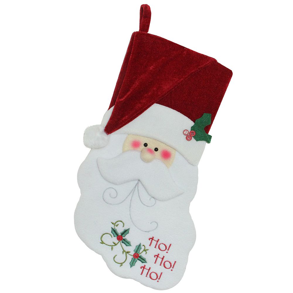 19.25" Red and White Embroidered Ho Ho Ho Santa Face Christmas Stocking