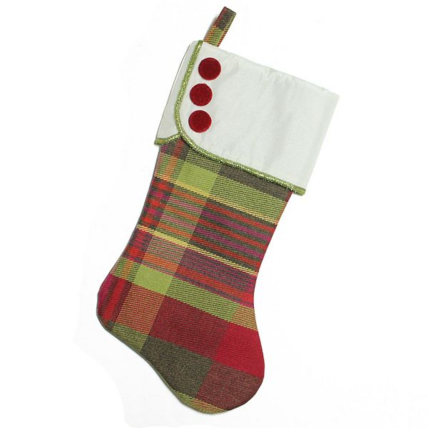 19" Multi-Color Plaid Christmas Stocking with Green and Yellow Trim and ...