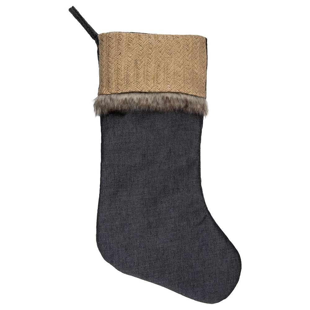 20" Rustic Burlap and Chambray Christmas Stocking