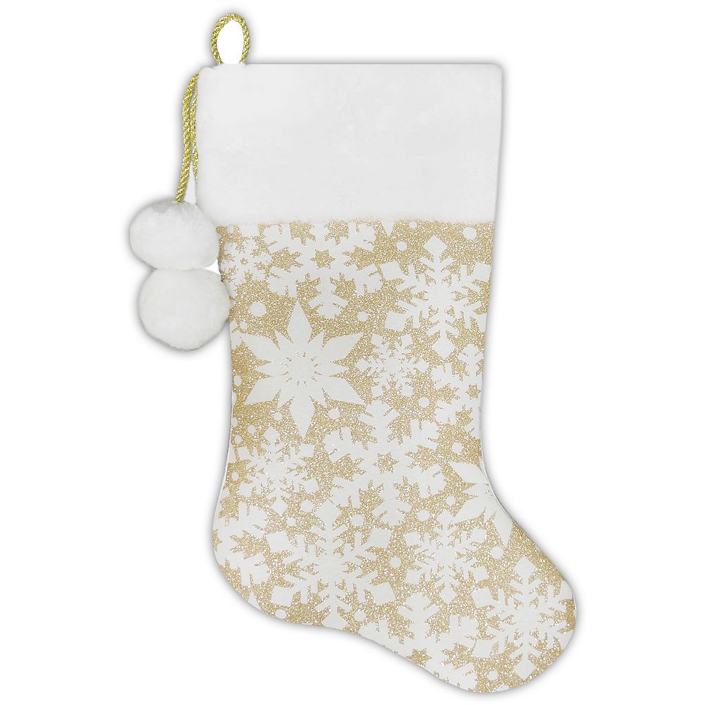 20.5" Glittered Gold Christmas Stocking with Snowflakes and Pom Poms