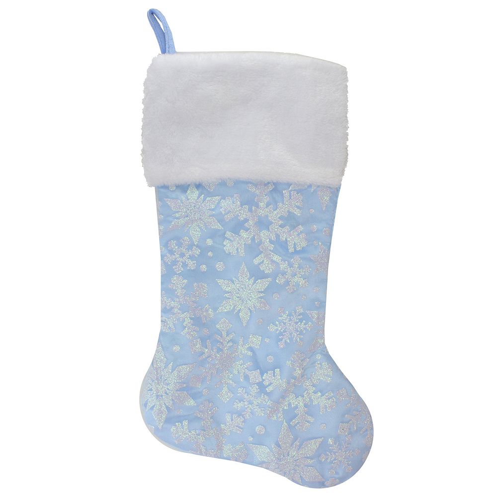 19" LED Lighted Blue Iridescent Glittered Snowflake Christmas Stocking