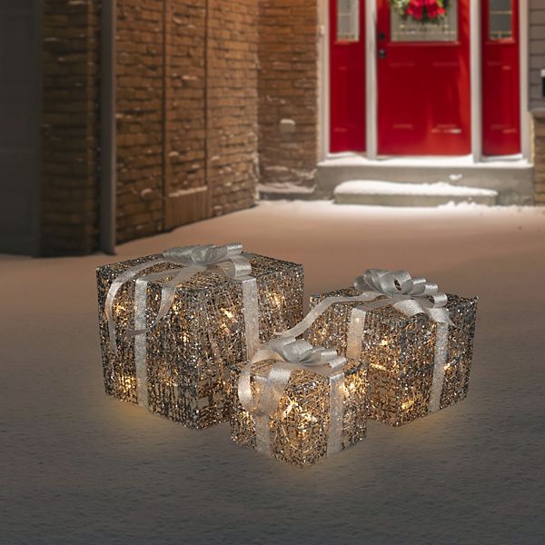 Set of 3 LED Lighted Silver Glitter Threaded Gift Boxes Outdoor ...