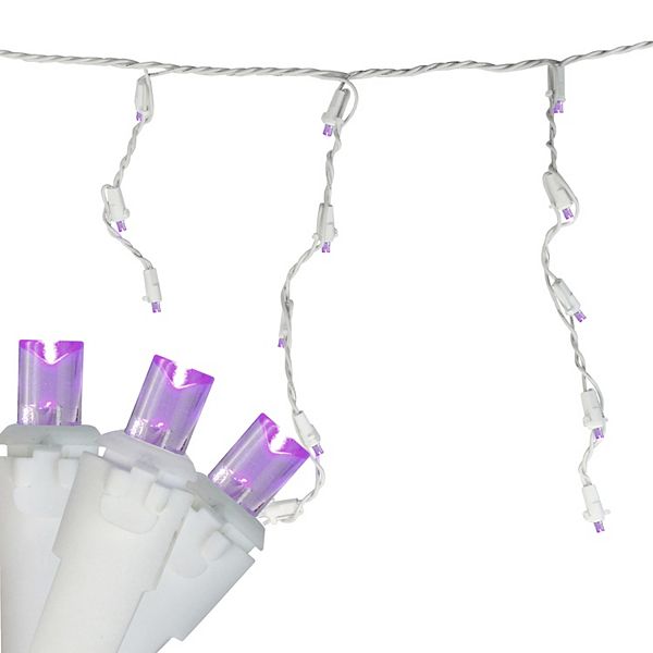 100 Count Purple LED Wide Angle Icicle Christmas Lights 5.5 ft White Wire