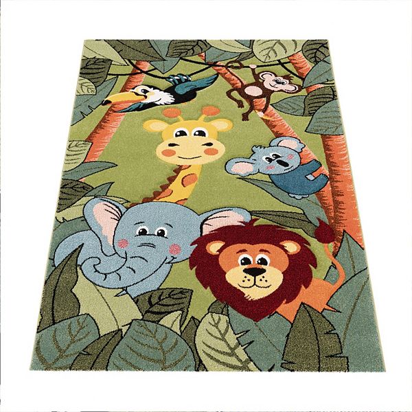 Kid´s Rug for children´s room with Jungle Animals in Green