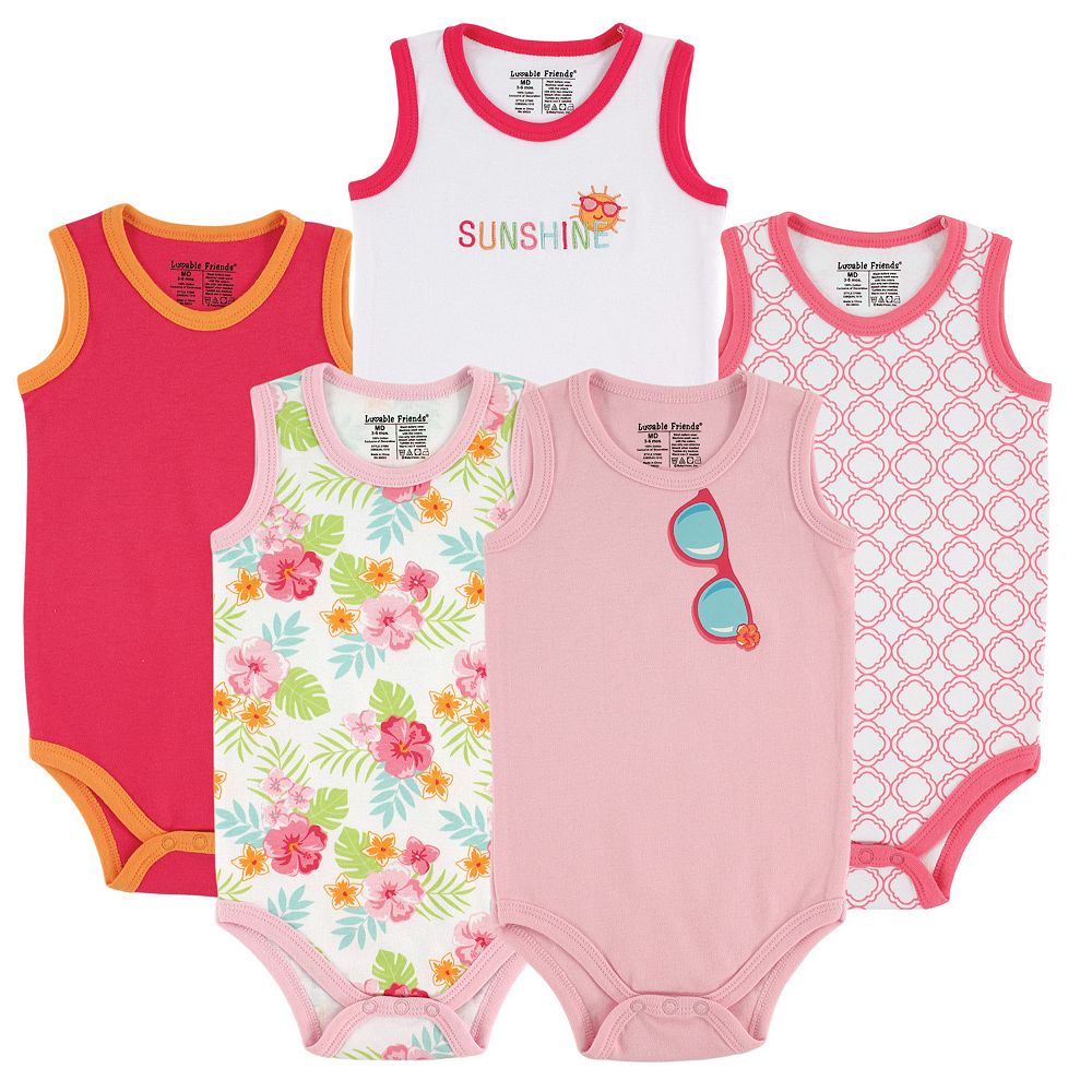 Luvable Friends Baby Girl Cotton Sleeveless Bodysuits 5pk, Girl Sunglasses