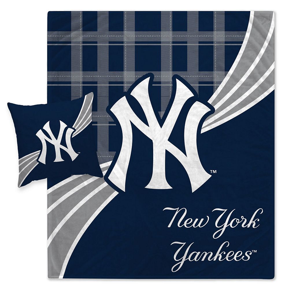 New York Yankees Plaid Wave Flannel Fleece Blanket & Pillow Combo Set