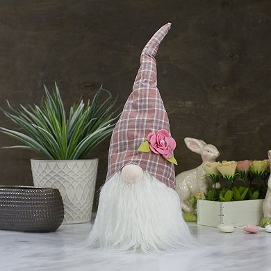 20" Pink and White Plaid Spring Gnome Head Table Top Decor