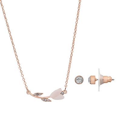 LC Lauren Conrad Rose Gold Tone Mother of Pearl Crystal Tulip Necklace Stud Earrings Set
