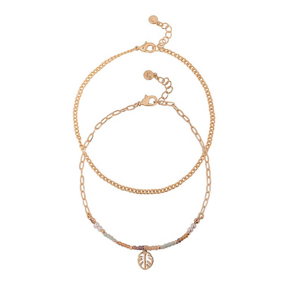 LC Lauren Conrad Gold Tone Beaded Monstera Leaf Charm 2-Pack Anklets Set