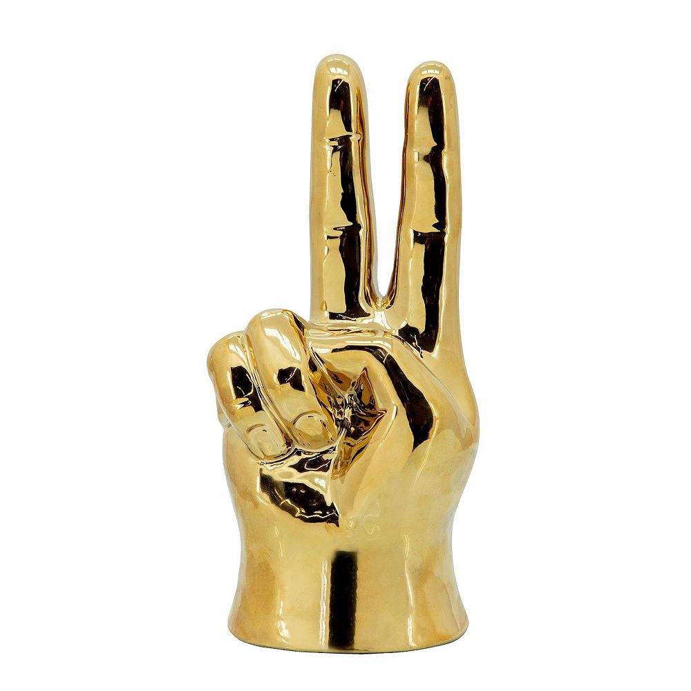 8" Gold Ceramic Hand in a Peace Sign Figurine