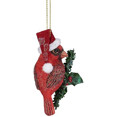 3.5" Red Cardinal Bird Wearing Santa Hat Christmas Ornament