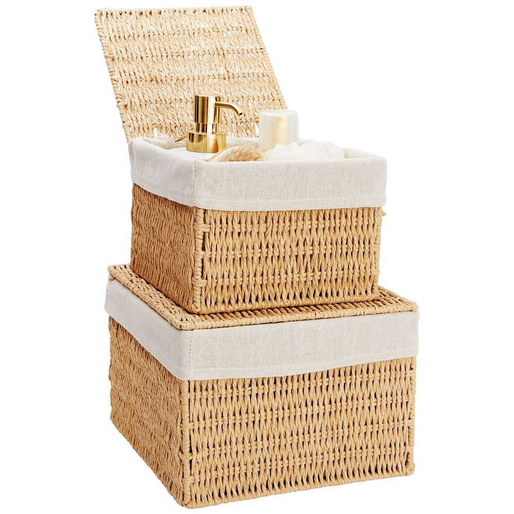 2-Pack Wicker Baskets with Lids, Woven Storage Baskets with Liners, 2 Sizes