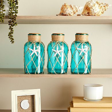 3 Pack Blue Glass Vase with Cork Lid, Rope and Starfish Accent, Beach ...