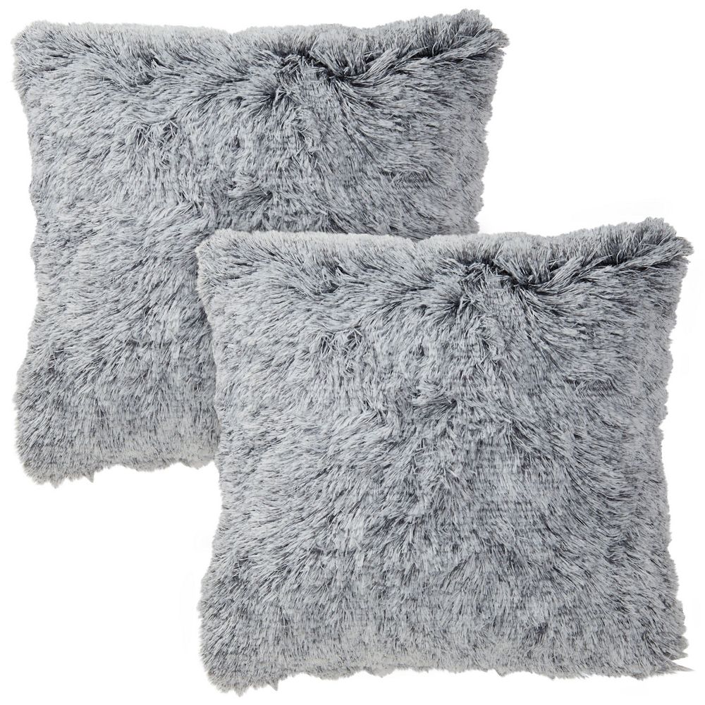 2x Throw Pillows Covers Fluffy Faux Fur Grey For Fuzzy Home Decoration ...