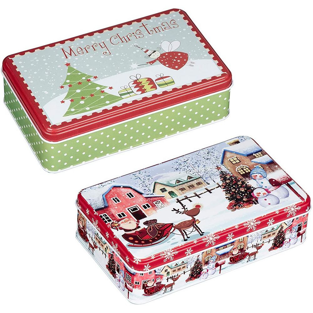 Christmas Cookie Tins, Tin Box with Lid (7.5 x 4.5 x 2.1 In, 2 Designs ...