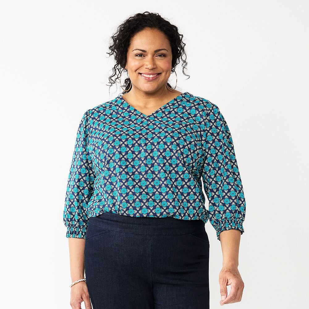Plus Size Croft & Barrow® Puff Sleeve V-Neck Top