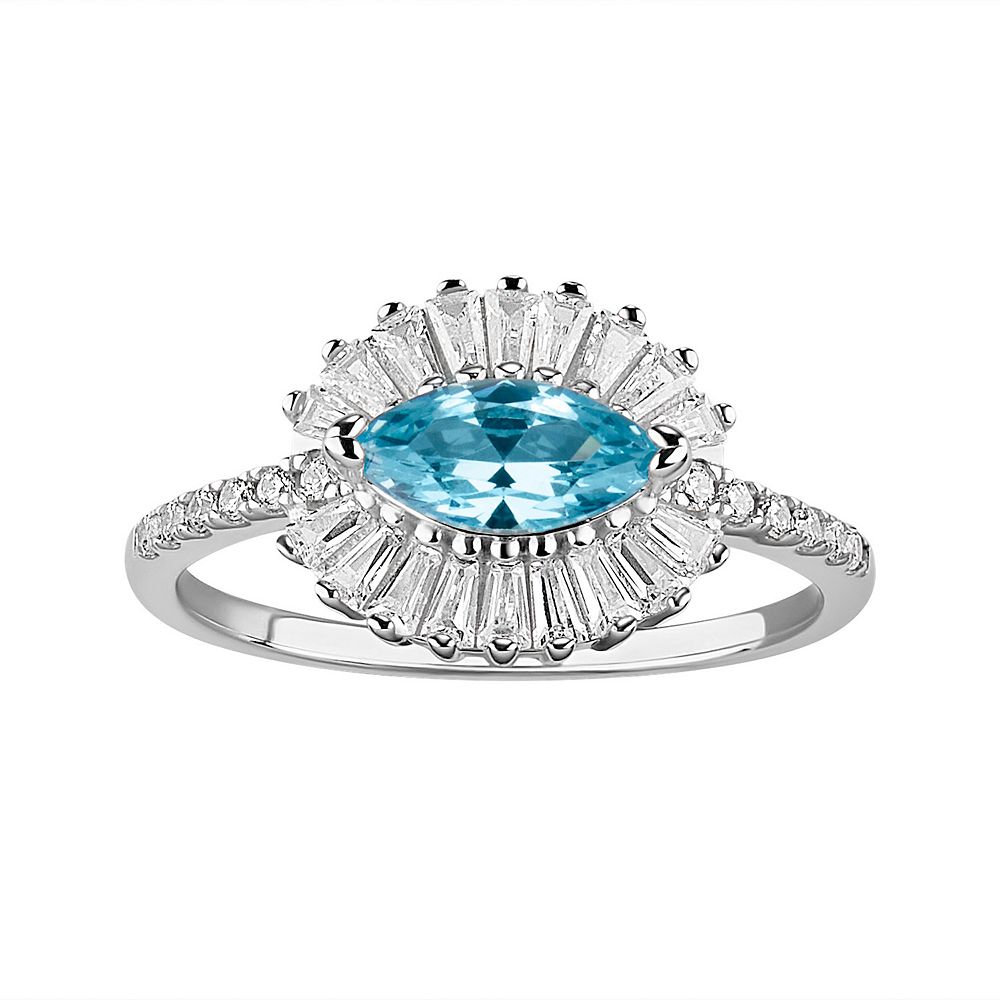 PRIMROSE Sterling Silver Aqua Cubic Zirconia Baguette Ring