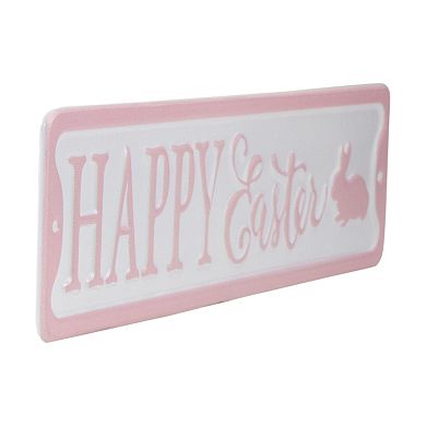 13" Pink and White Metal "Happy Easter" Sign with Bunny Rabbit Wall Decor