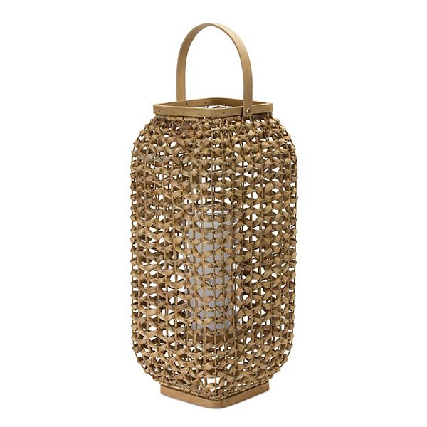 20" Beige Wicker Glass Candle Lantern