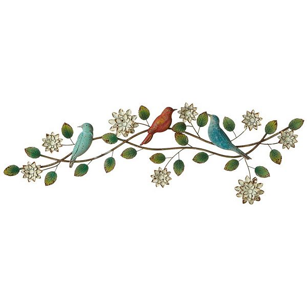 Set of 2 Multicolored Distressed Metal Branch and Bird Wall Decorations ...