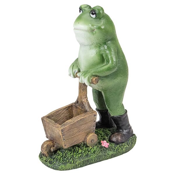 11.5" Green Frog Pushing Wheelbarrow Outdoor Garden Statue