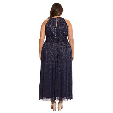 Plus Size London Times Ruched Waist Mesh Maxi Dress