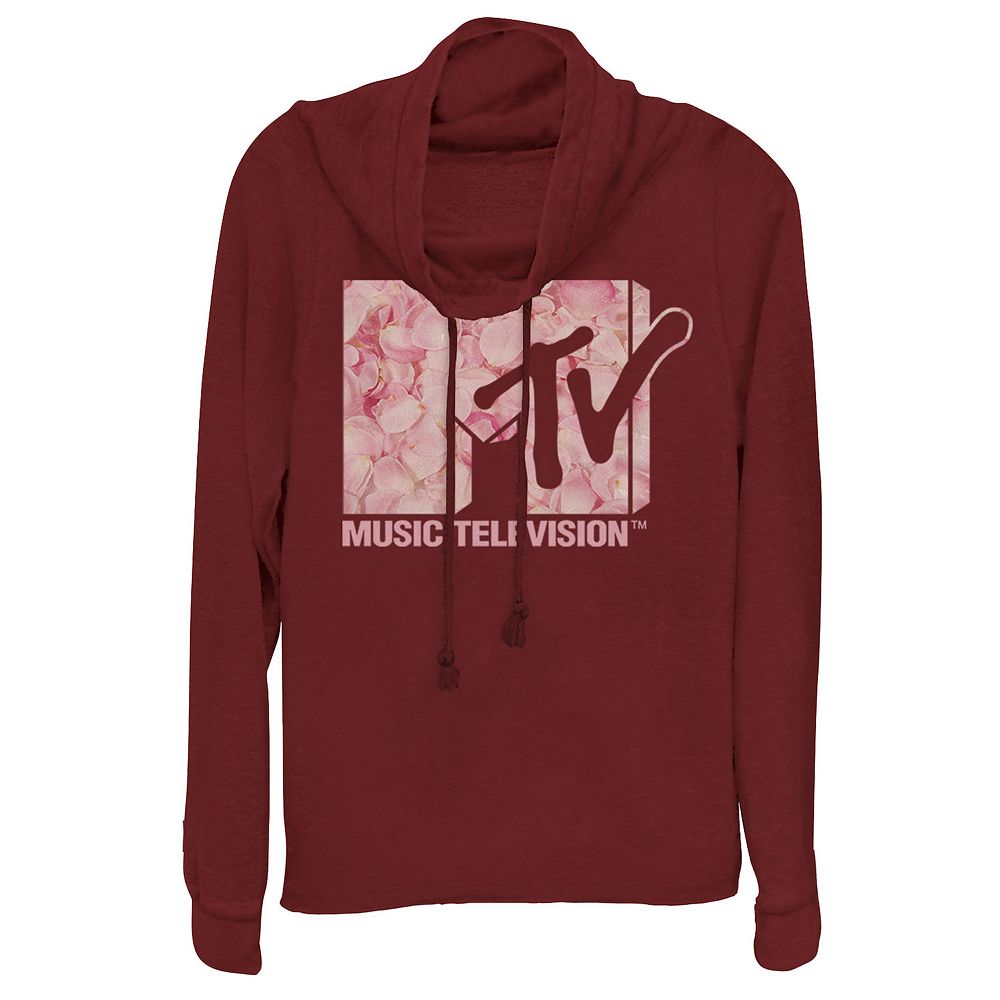 Juniors' MTV Pink Rose Petal Logo Cowlneck Graphic Lightweight Long Sleeve