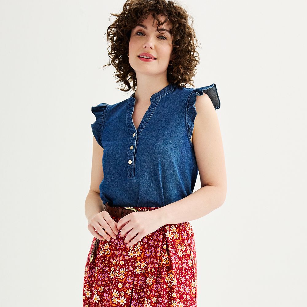 Women's DRAPER JAMES RSVP™ Ruffle Sleeve Denim Top
