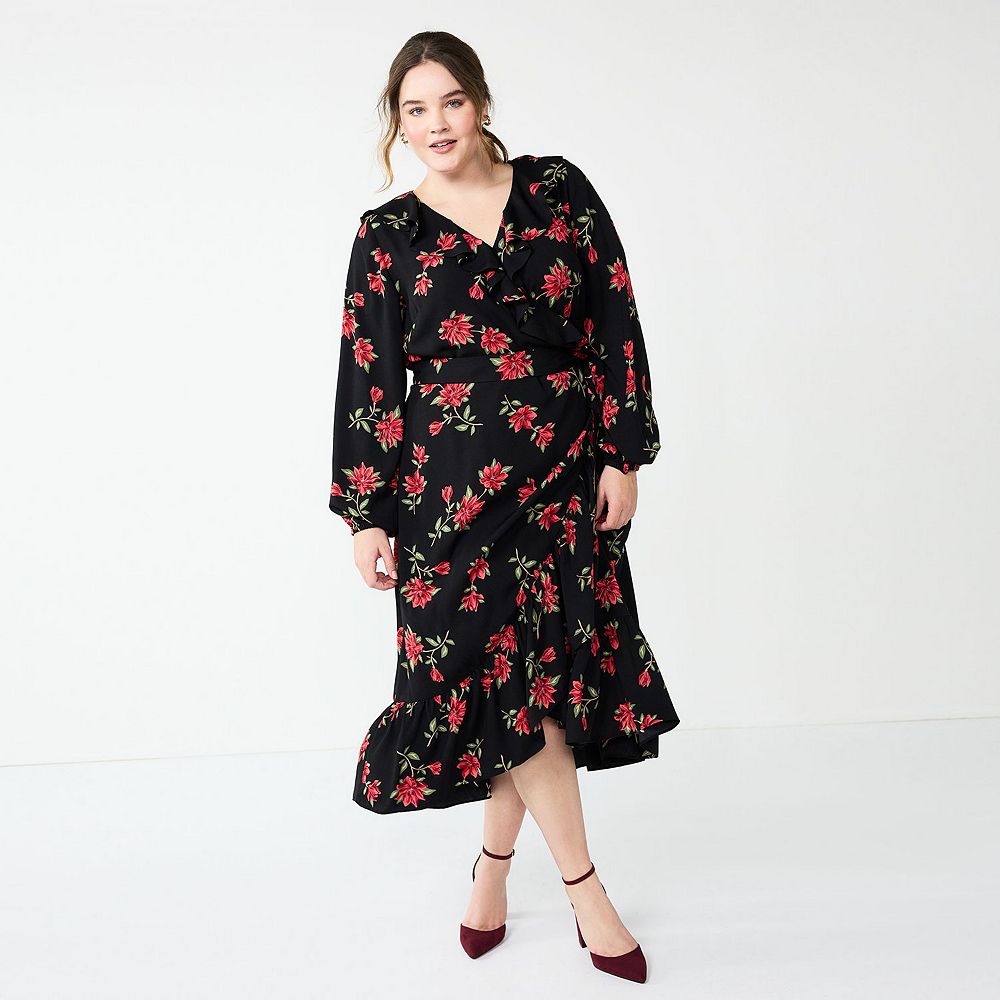 Plus Size DRAPER JAMES RSVP™ Long Sleeve Ruffle Midi Dress