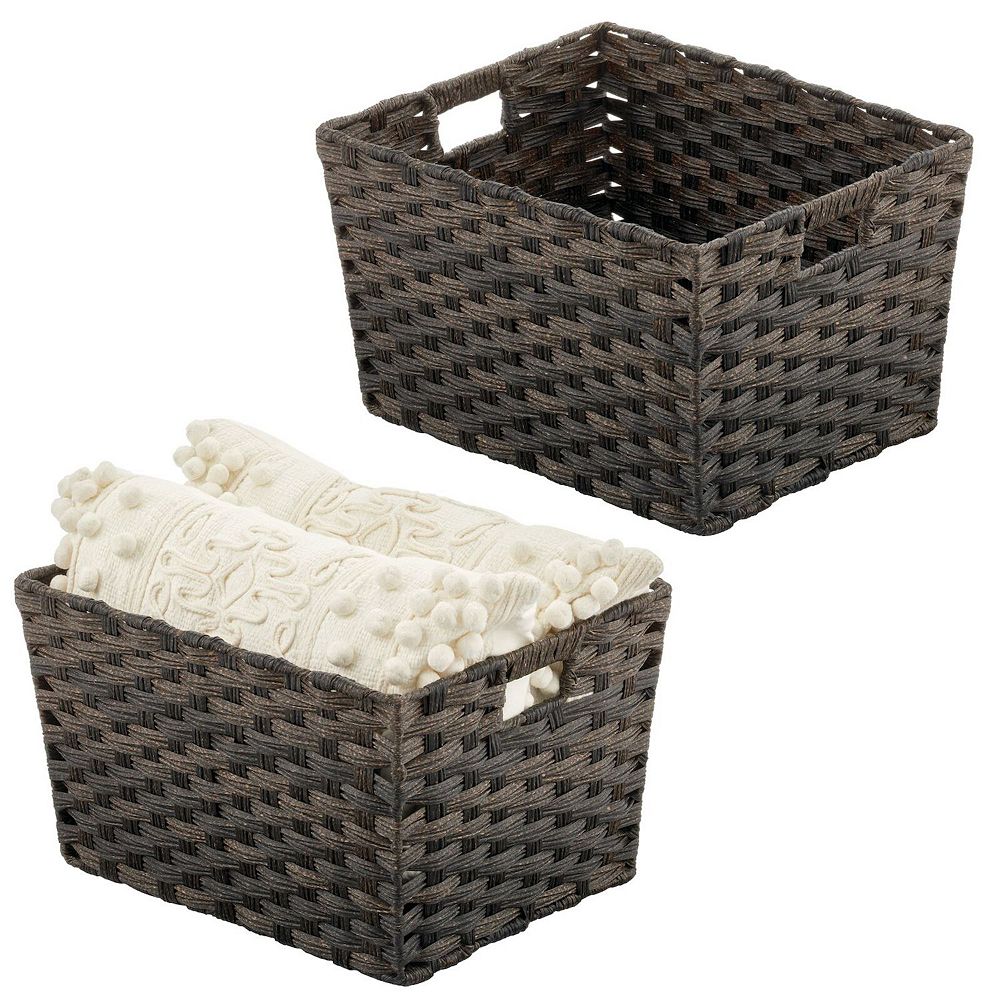 mDesign Wide Rectangular Woven Home Storage Basket Bin, 2 Pack - Dark Brown