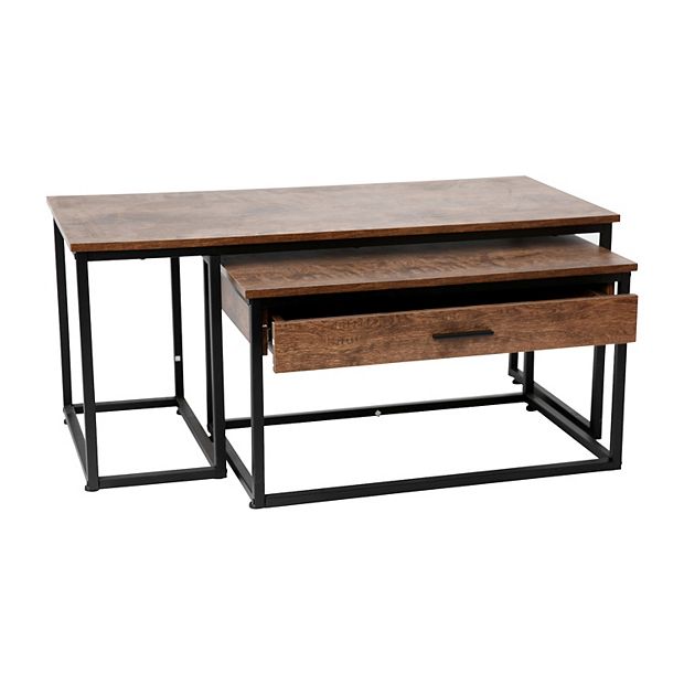 Merrick Lane Corsica Coffee Table 2 Piece Walnut Wood Grain Surface Black Metal Frame Nesting Coffee Table with Storage