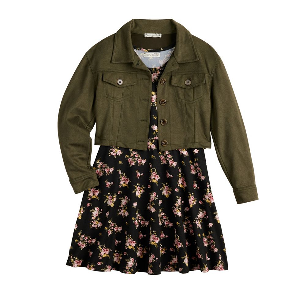 Girls 4-16 Knit Works Floral Dress & Twill Jacket Set