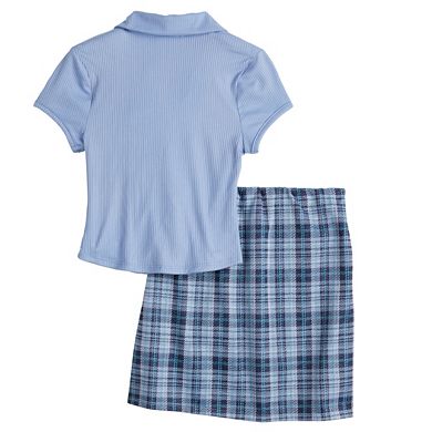Girls 7-16 Knit Works Shirred Top & Plaid Pleated Skirt Set