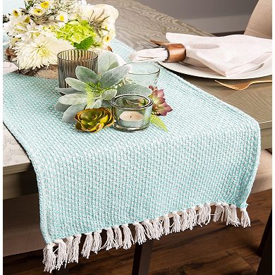 72" Aqua Blue and White Rectangular Weaved Table Runner