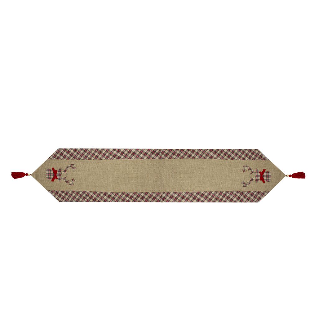 36" Red and Brown Burlap and Plaid Reindeer Christmas Table Runner
