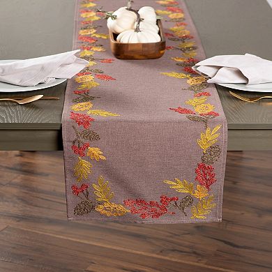 70" Brown and Red Shimmering Leaves Embellished Table Runner