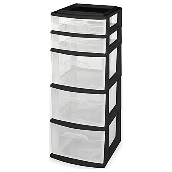 Homz Plastic 5 Clear Drawer Medium Home Storage Container Tower Black