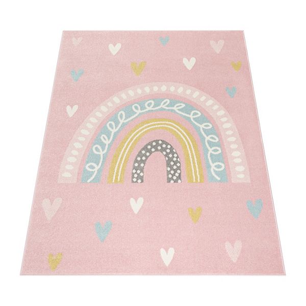 Kids Rug with Rainbow and Hearts for Nursery in Pastel Colors