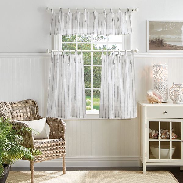 Martha Stewart Laguna Stripe Tie Tab Tier & Valance Window Curtain Panels