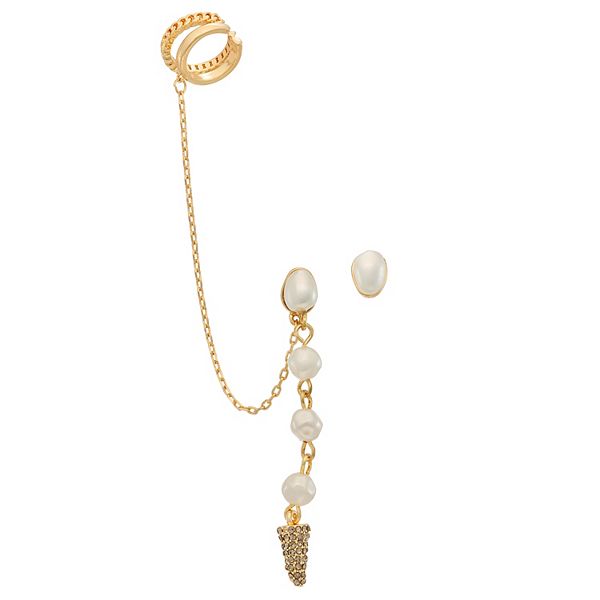 Simply Vera Vera Wang Gold Tone Simulated Pearl Mismatched Stud & Linear Drop Cuff Earrings