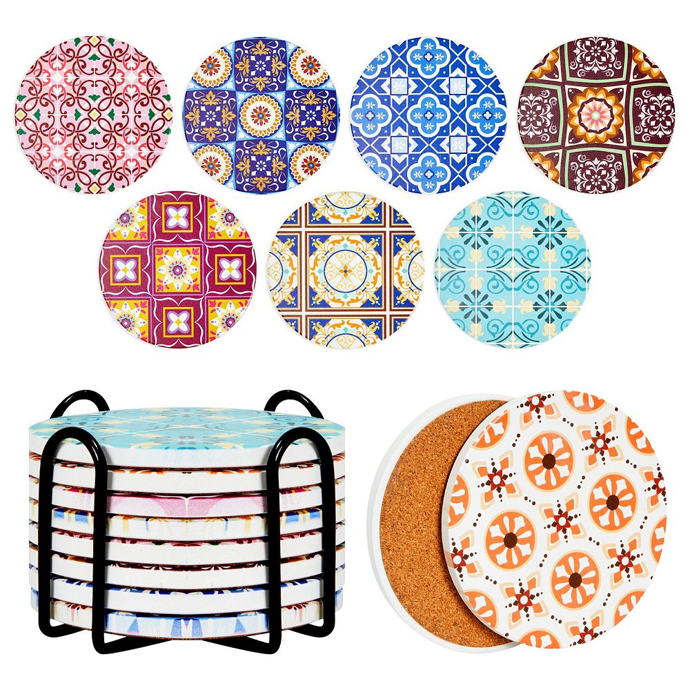 Set of 8 Ceramic Coasters for Drink Crafts Coffee Table with Holder ...