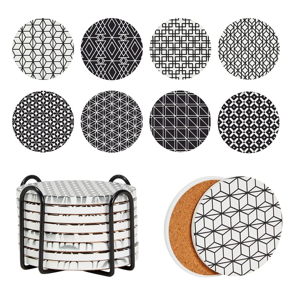 Set of 8 Round Ceramic Coasters for Drinks with Holder and Cork Base ...