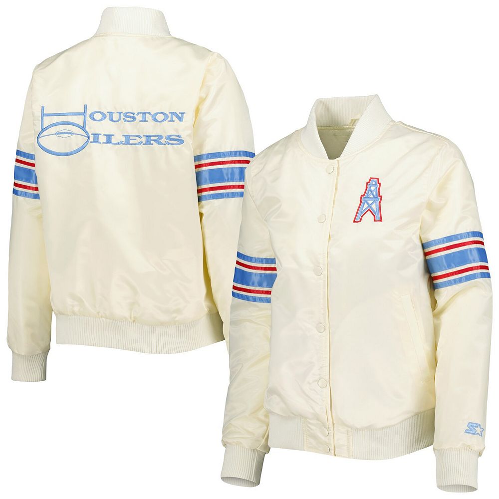 Women's Starter Cream Houston Oilers Line Up Satin Full-Snap Varsity Jacket