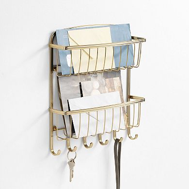 mDesign Wall Mount 2-Tier Metal Mail Organizer Basket, 6 Hooks, Soft Brass