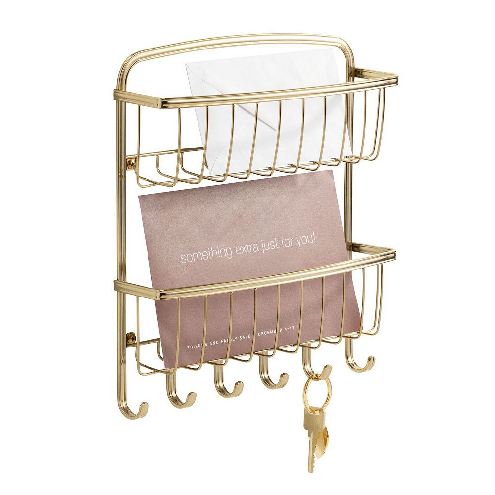 mDesign Wall Mount 2-Tier Metal Mail Organizer Basket, 6 Hooks, Soft Brass