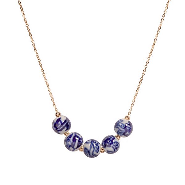 LC Lauren Conrad Gold Tone Ceramic Floral Beaded Statement Necklace