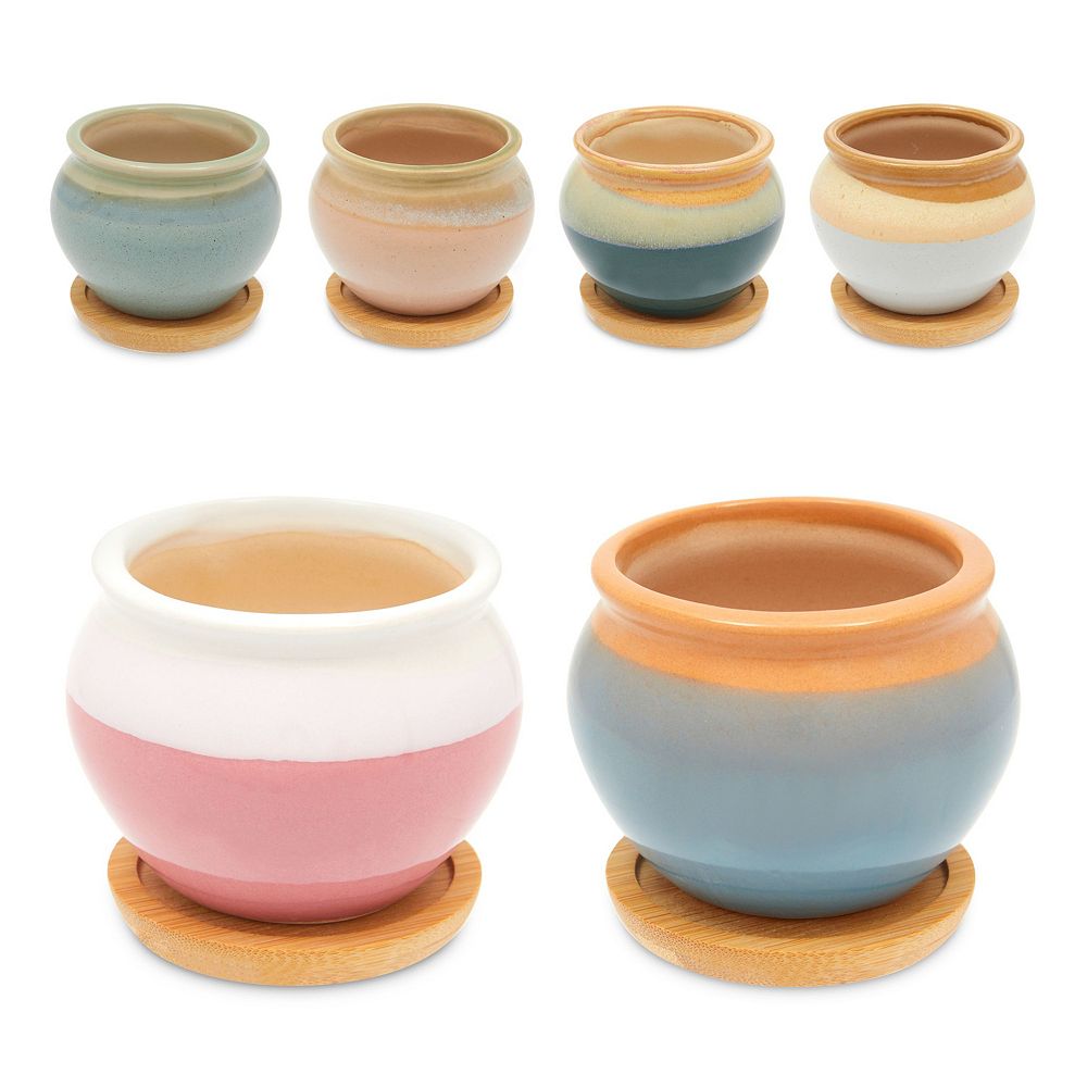Small Ceramic Pots for Plants and Succulents with Wooden Drainage Tray ...