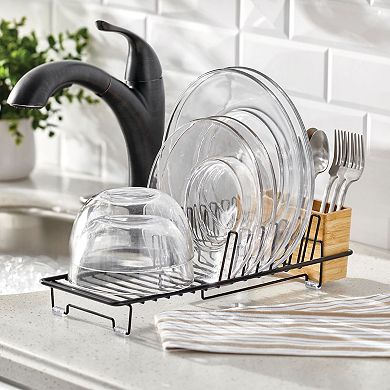 mDesign Steel Compact Dish Drainer Rack with Bamboo Cutlery Caddy ...