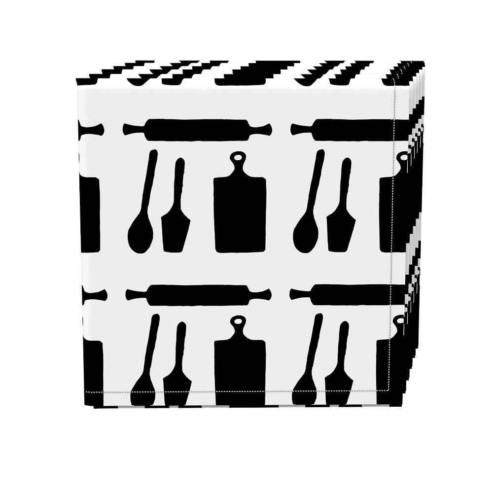 Napkin Set, 100% Polyester, Set of 4, 18x18", Kitchen Icons Black