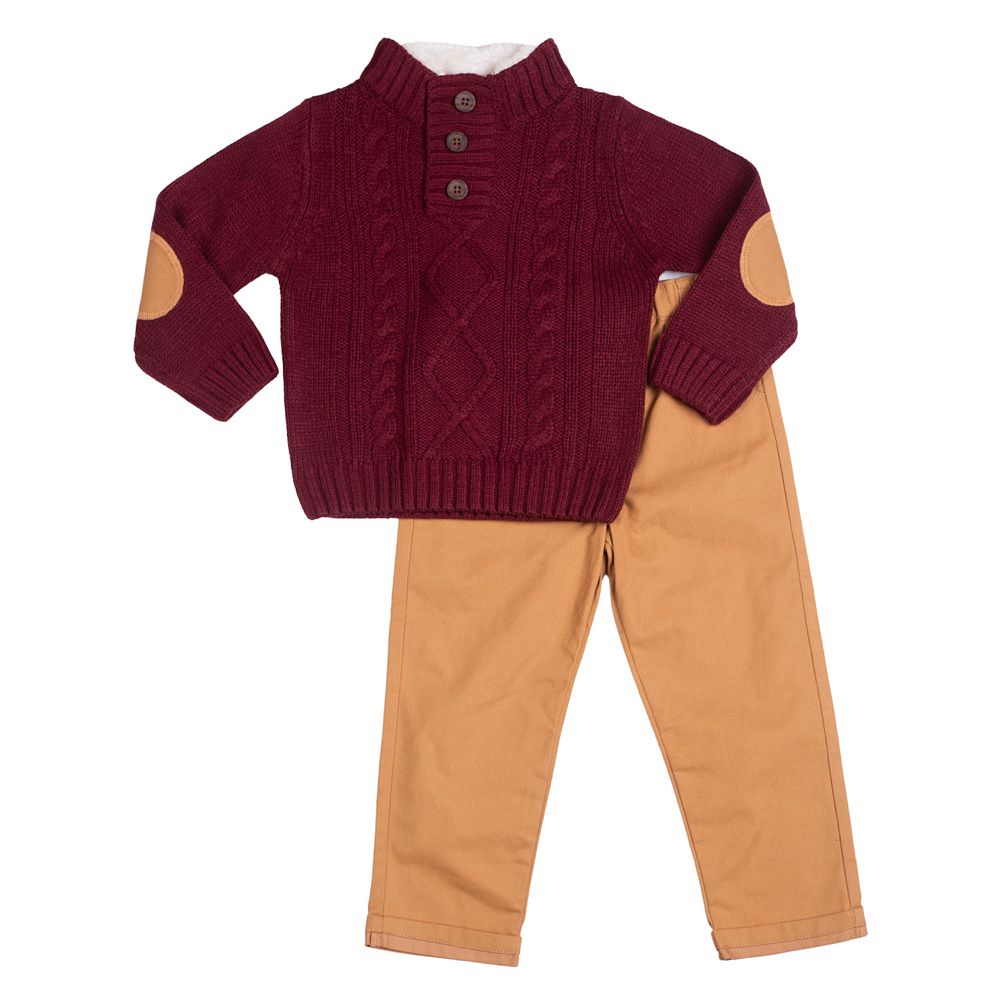 Baby Boy Little Lad Burgundy Funnel Neck Cable Knit Sweater & Twill ...